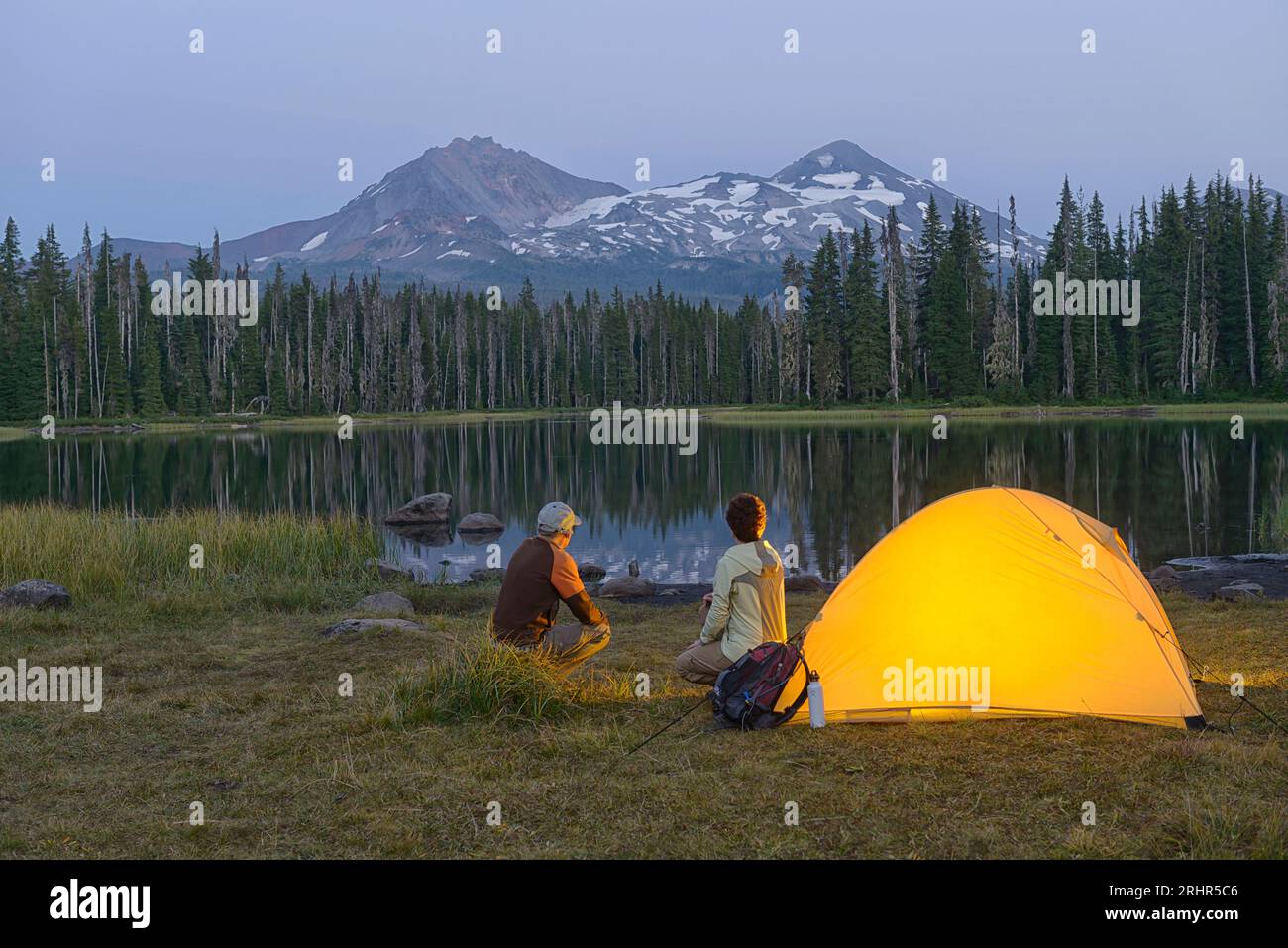 Couple camping,Scott Lake, Three Sisters, Cascade Mountains, Central ...