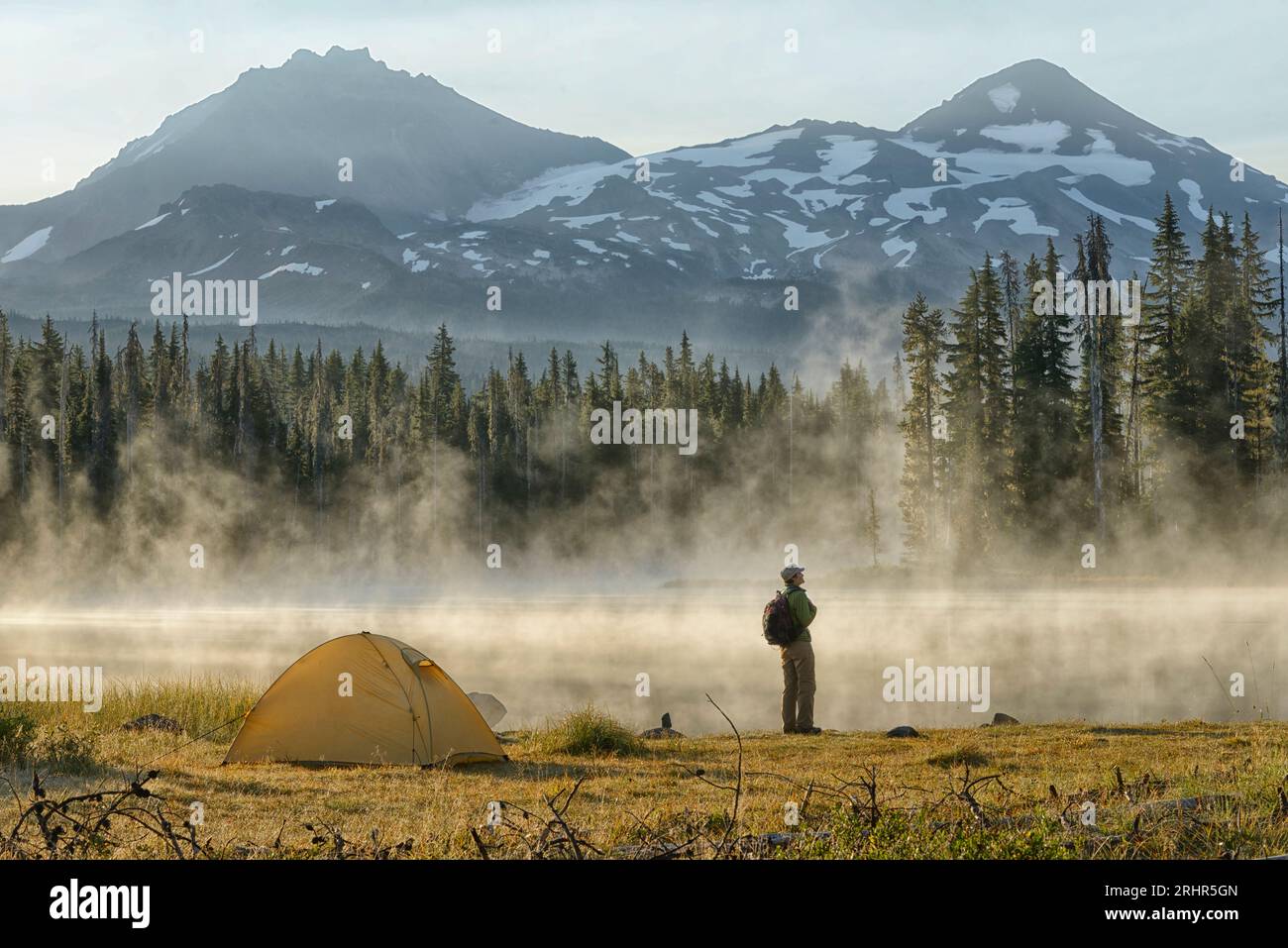 Yellow tent at sunrise, Scott Lake, Three Sisters, Cascade Mountains ...