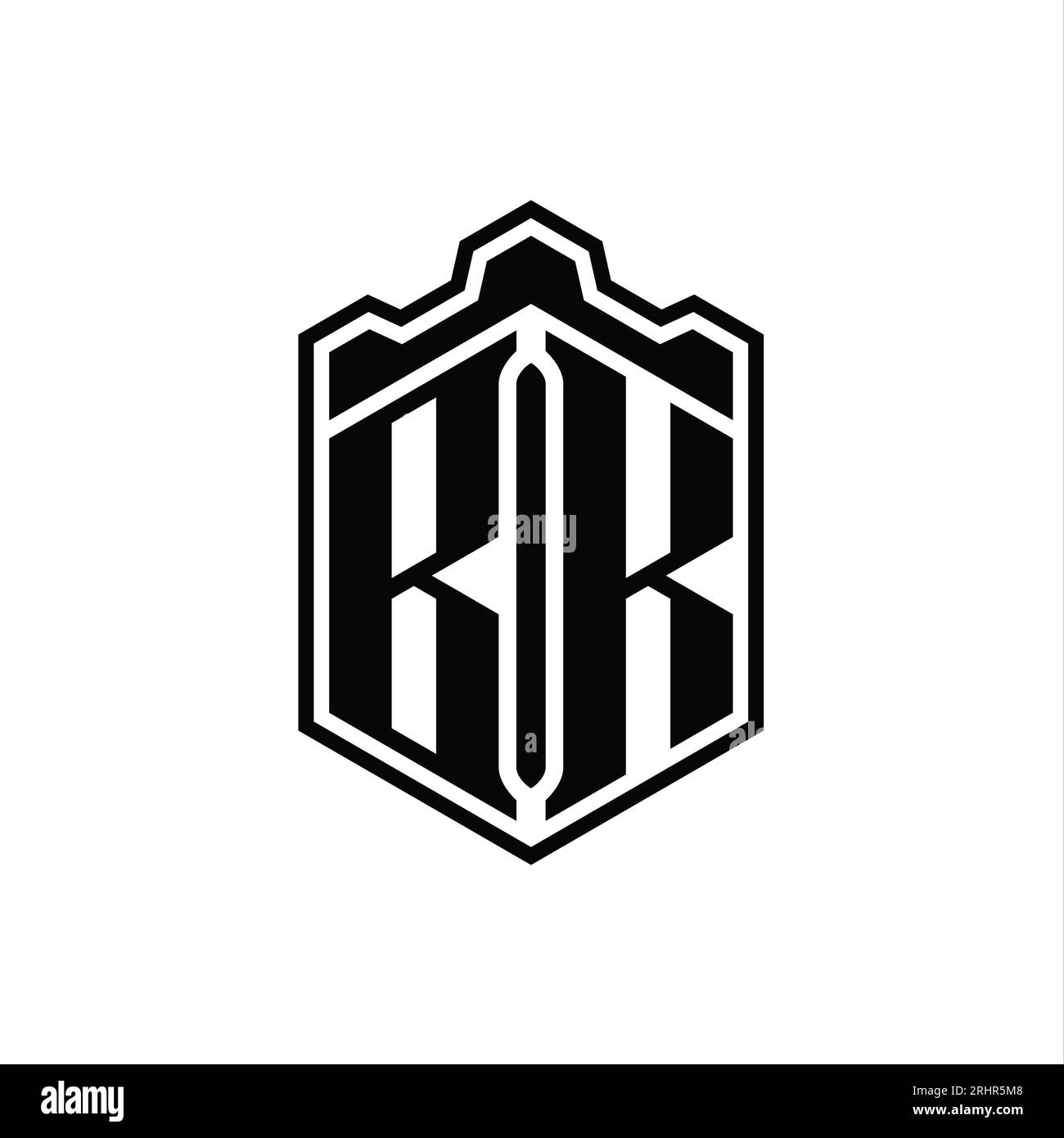 BK Letter Logo monogram hexagon shield shape crown castle geometric with outline style design ...