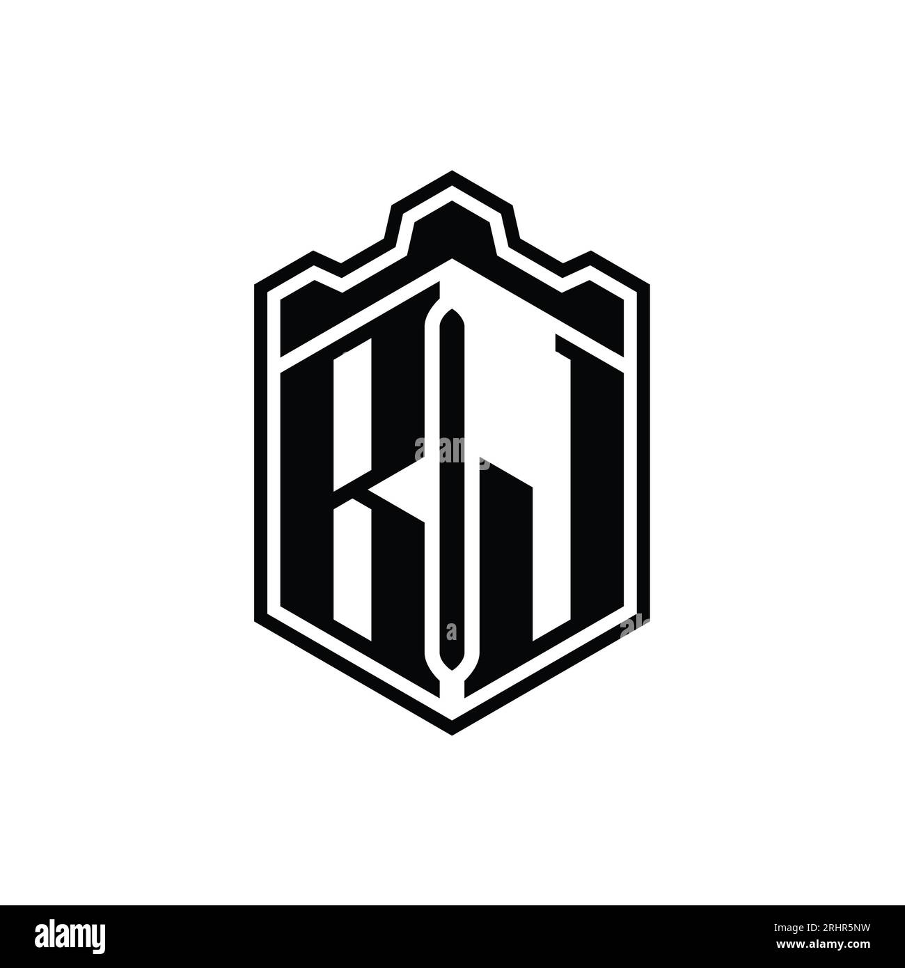 BJ Letter Logo monogram hexagon shield shape crown castle geometric with outline style design ...
