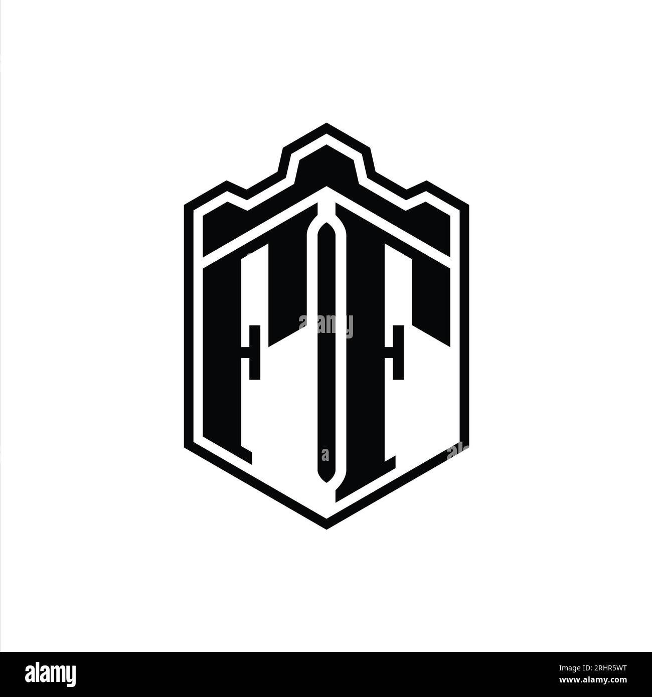 FF Letter Logo monogram hexagon shield shape crown castle geometric with outline style design ...