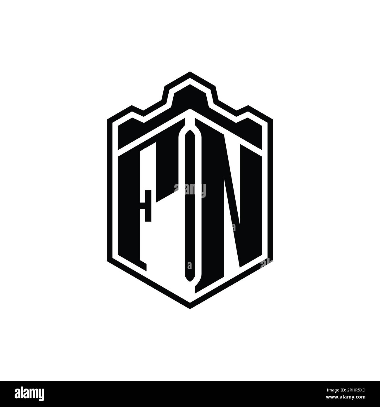 FN Letter Logo monogram hexagon shield shape crown castle geometric with outline style design ...