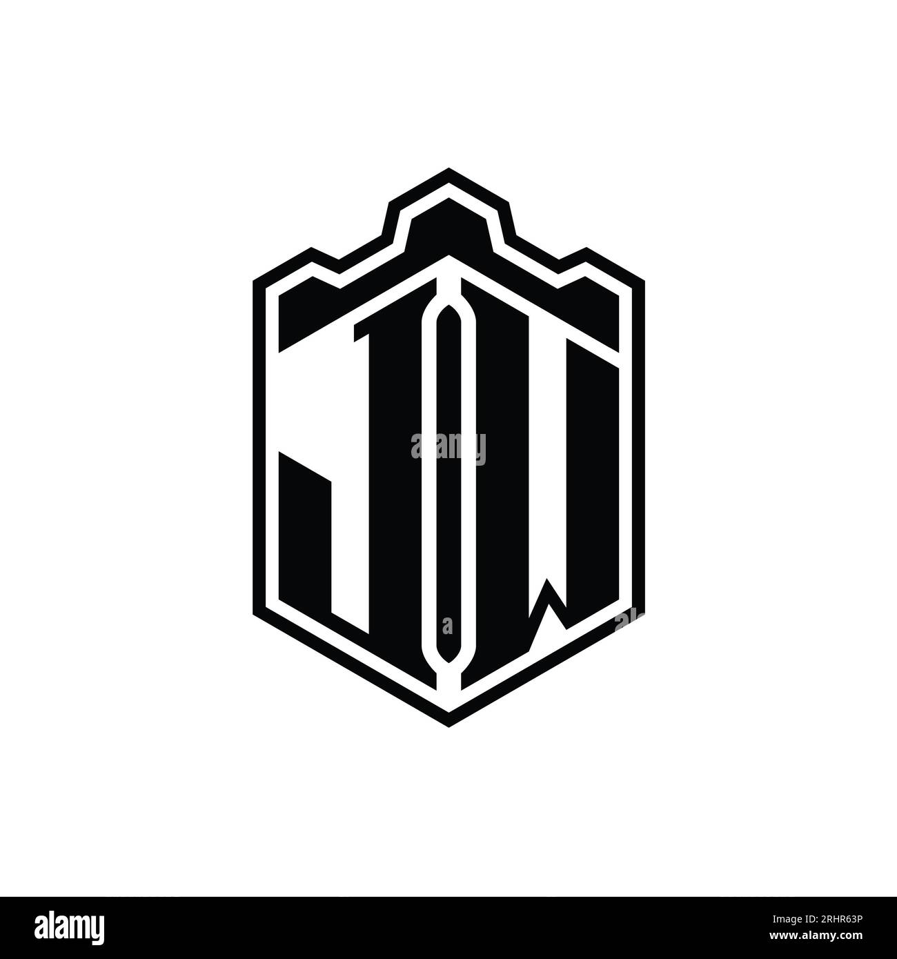 JW Letter Logo monogram hexagon shield shape crown castle geometric with outline style design ...