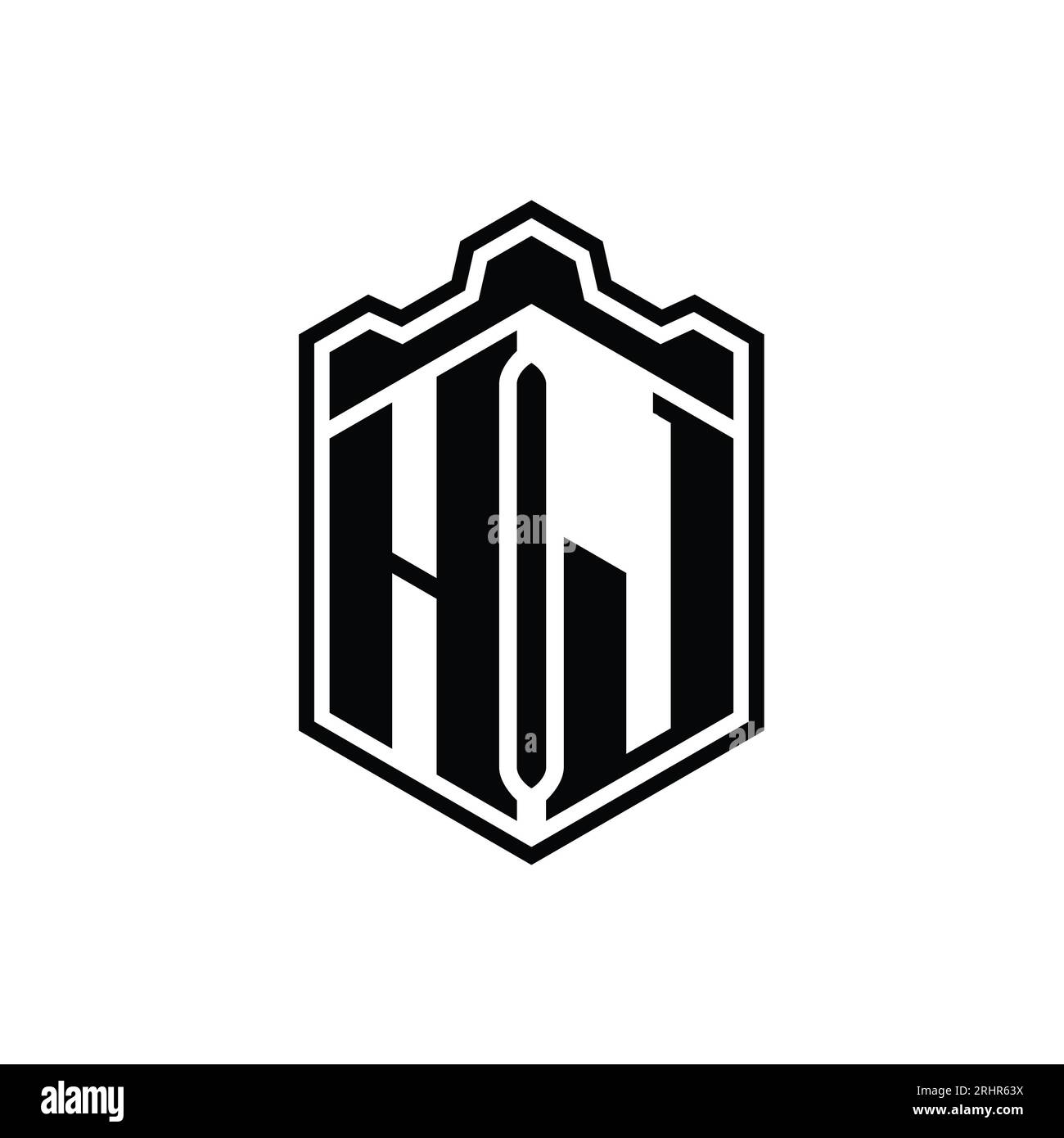 HJ Letter Logo monogram hexagon shield shape crown castle geometric with outline style design ...