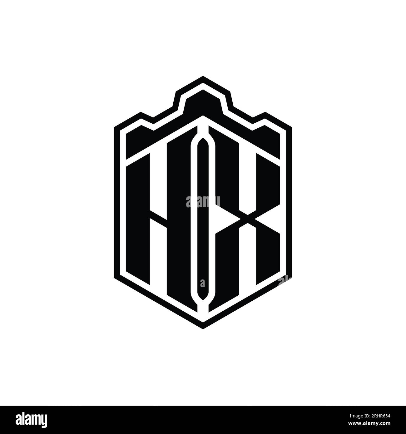 HX Letter Logo monogram hexagon shield shape crown castle geometric with outline style design ...