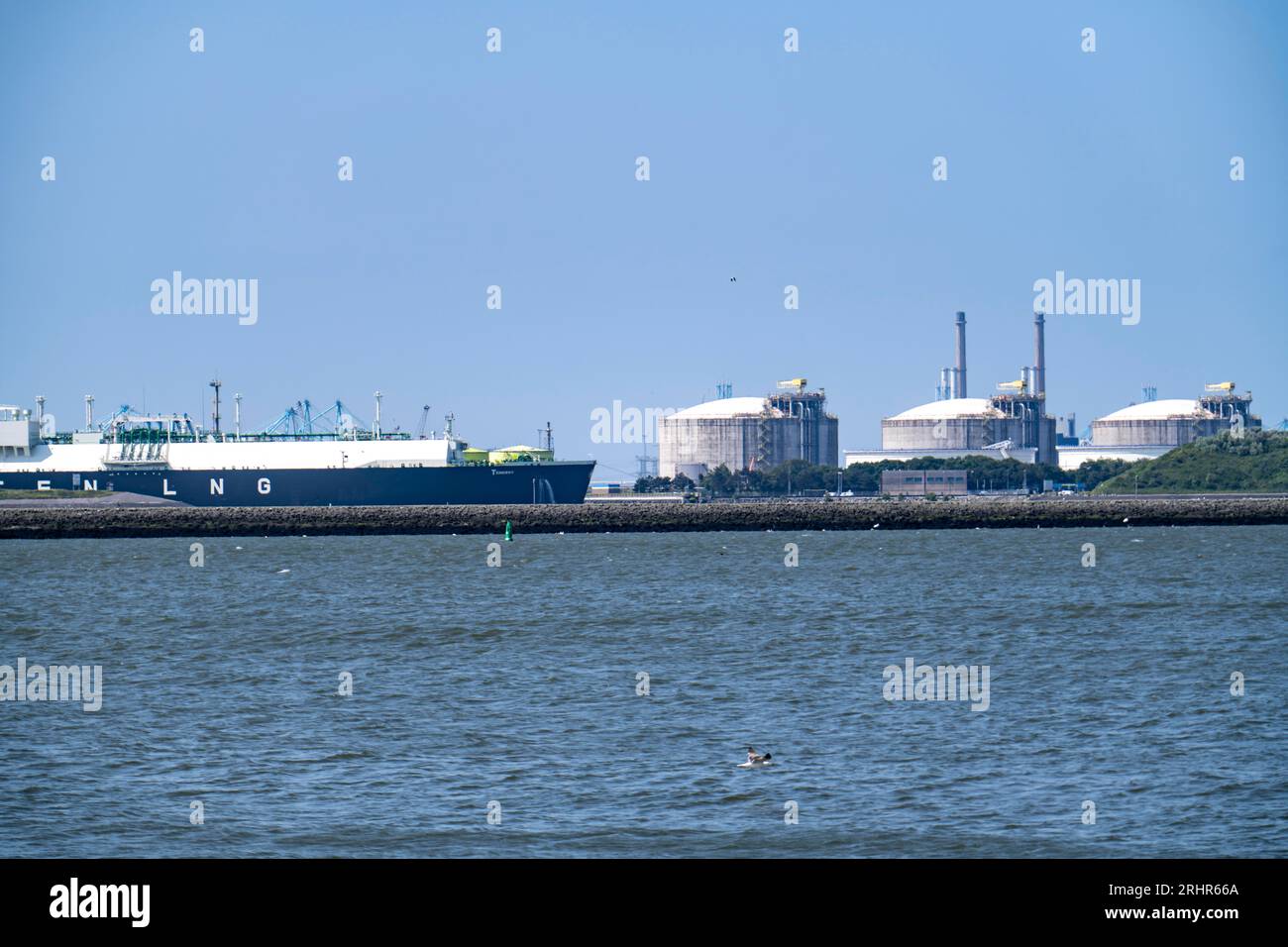 LNG import terminal tanks for liquid natural gas in the seaport of Rotterdam, Greek-flagged LNG ...