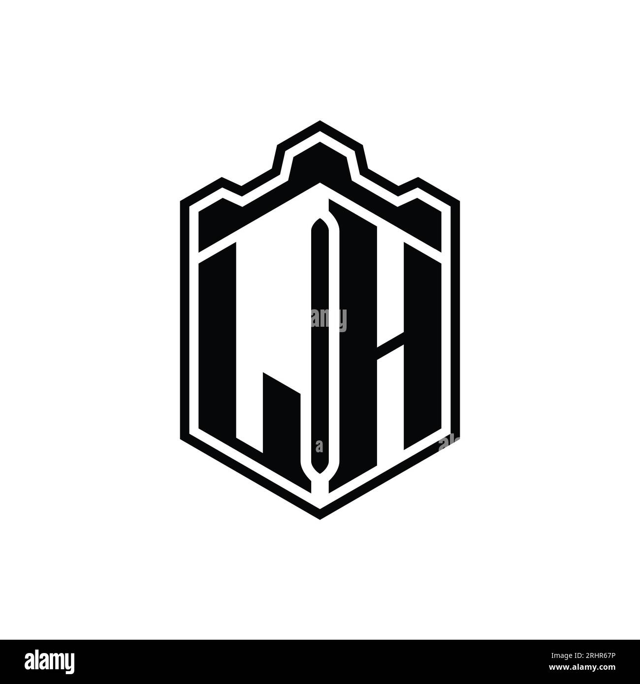 LH Letter Logo monogram hexagon shield shape crown castle geometric with outline style design ...
