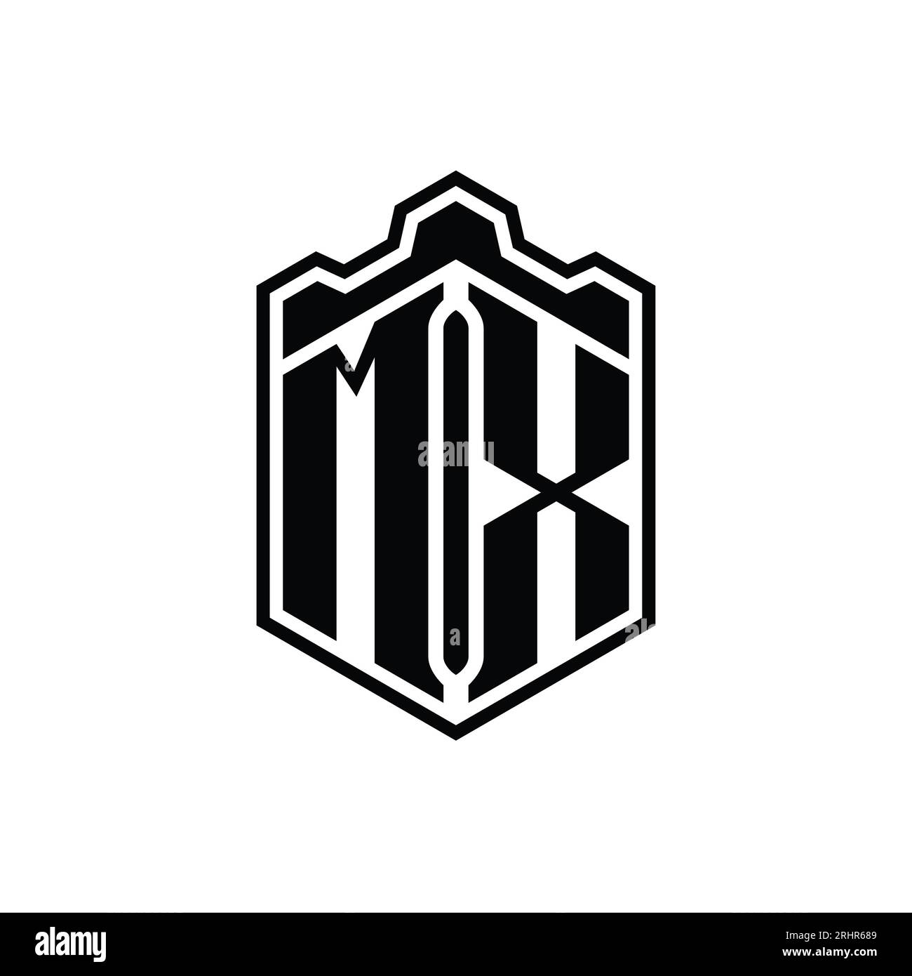 MX Letter Logo monogram hexagon shield shape crown castle geometric with outline style design ...