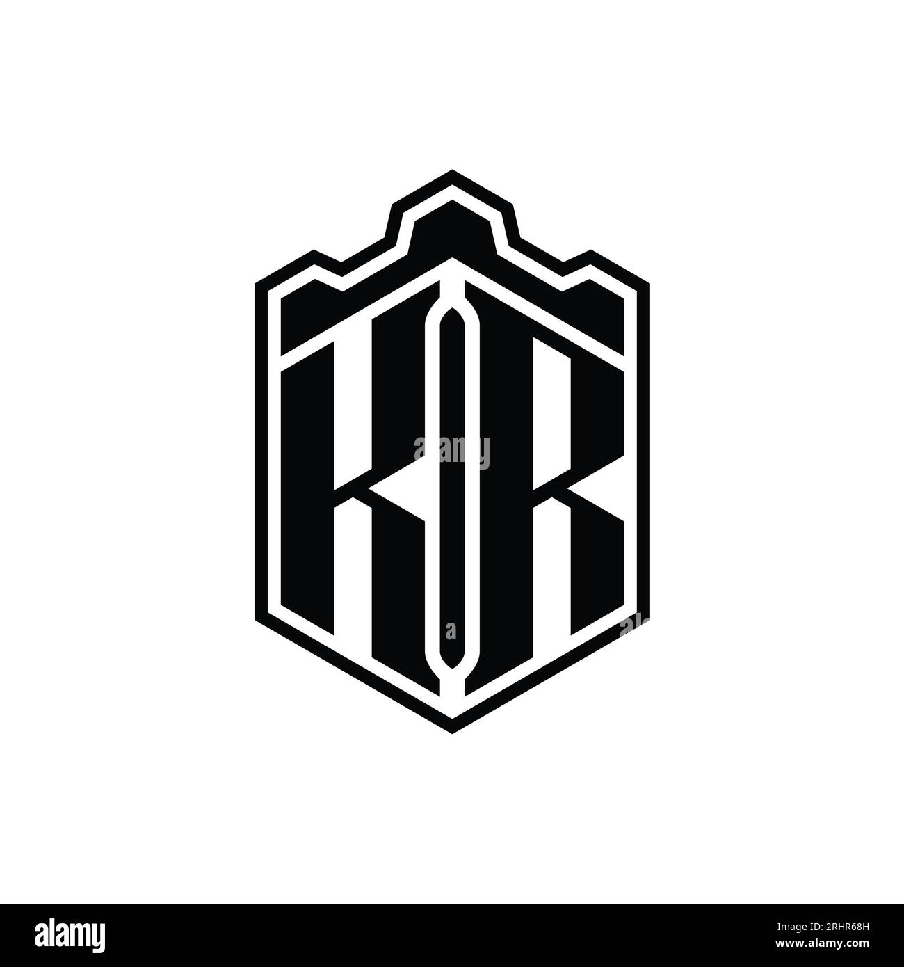 KR Letter Logo monogram hexagon shield shape crown castle geometric ...