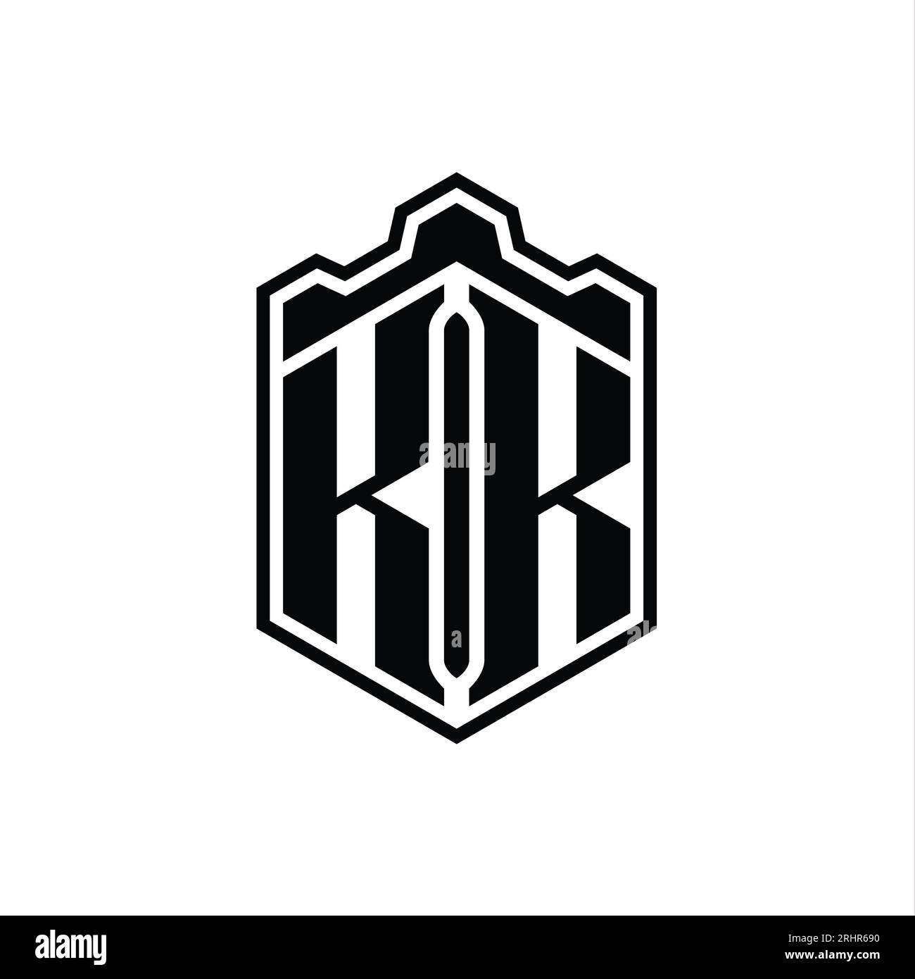 KK Letter Logo monogram hexagon shield shape crown castle geometric with outline style design ...