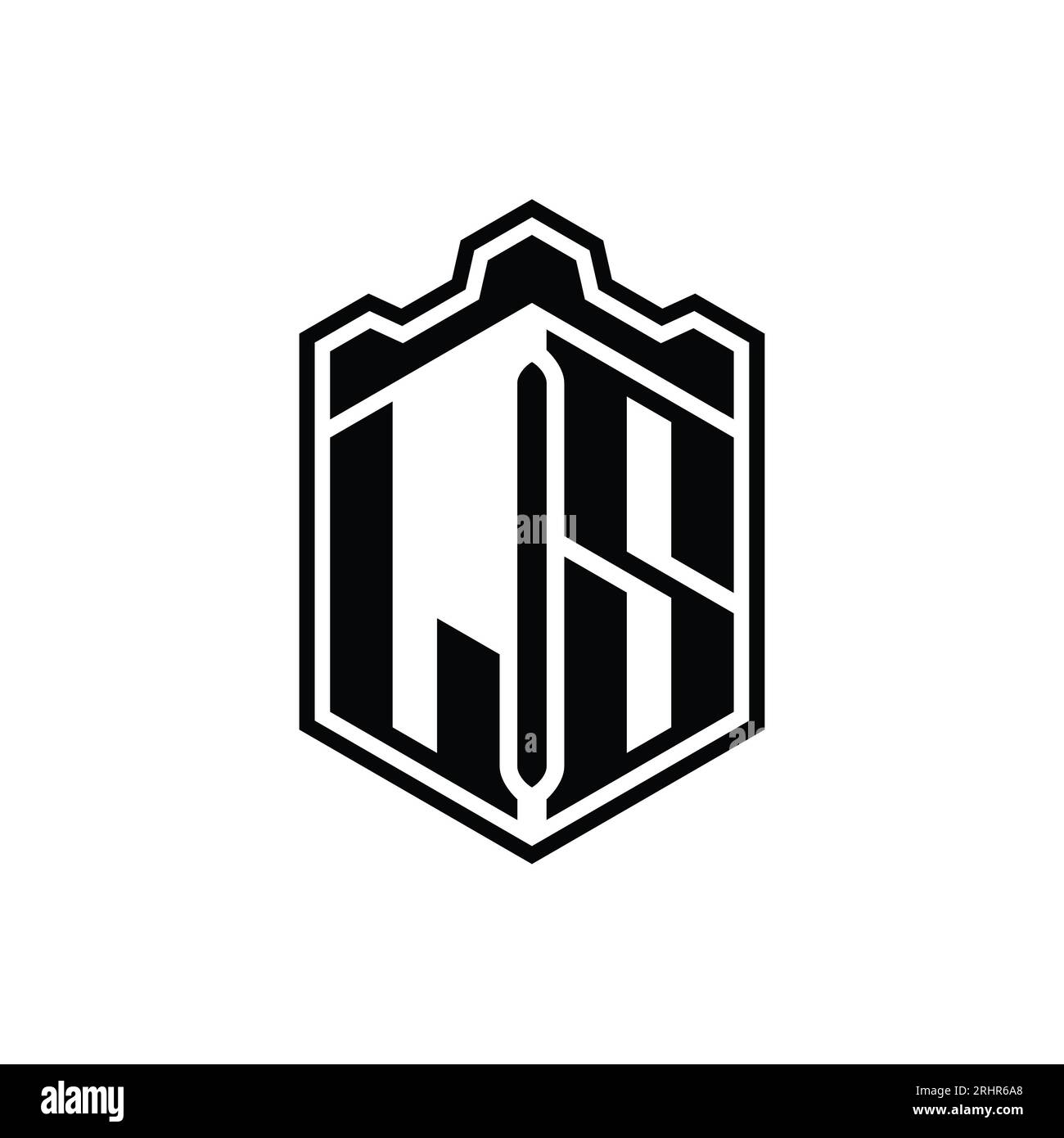 LS Letter Logo monogram hexagon shield shape crown castle geometric with outline style design ...