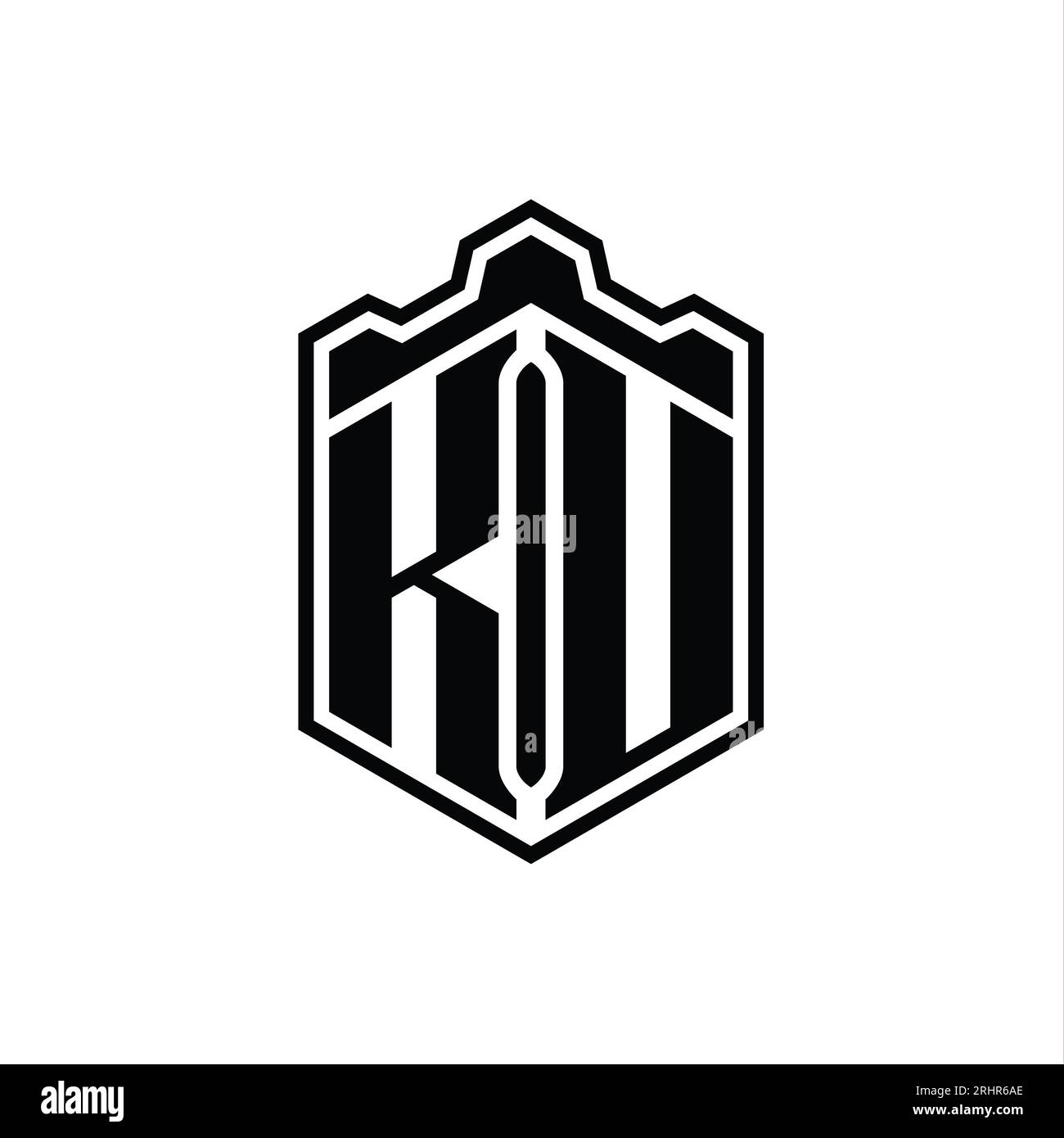 KU Letter Logo monogram hexagon shield shape crown castle geometric with outline style design ...