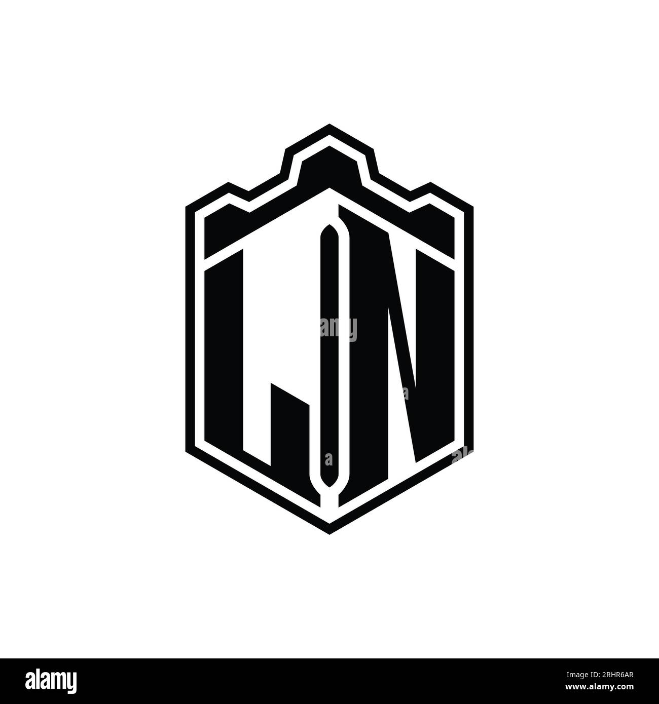 LN Letter Logo monogram hexagon shield shape crown castle geometric with outline style design ...