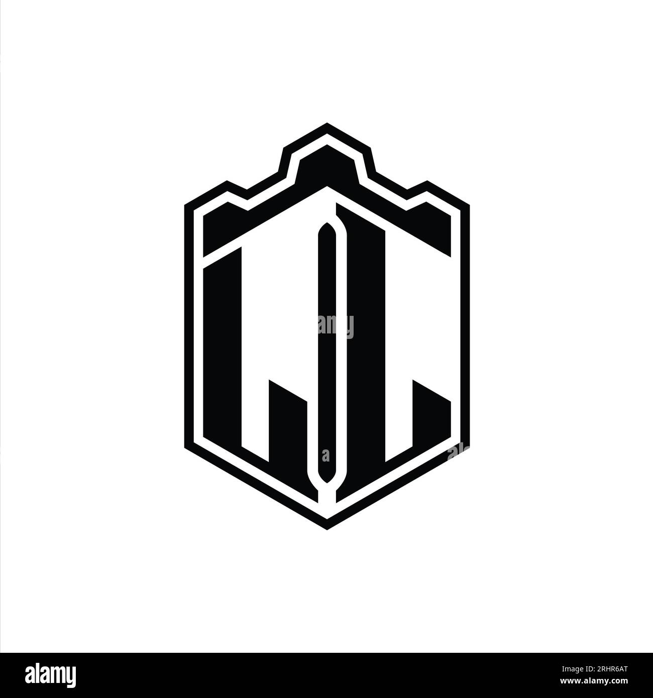LL Letter Logo monogram hexagon shield shape crown castle geometric ...