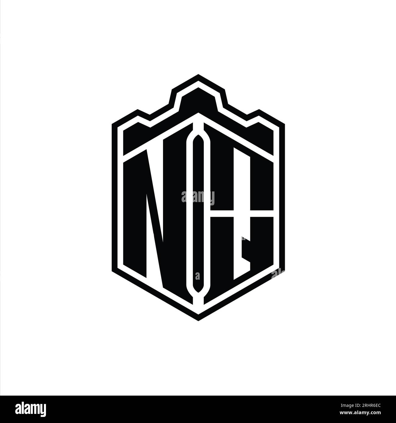 NQ Letter Logo monogram hexagon shield shape crown castle geometric with outline style design ...