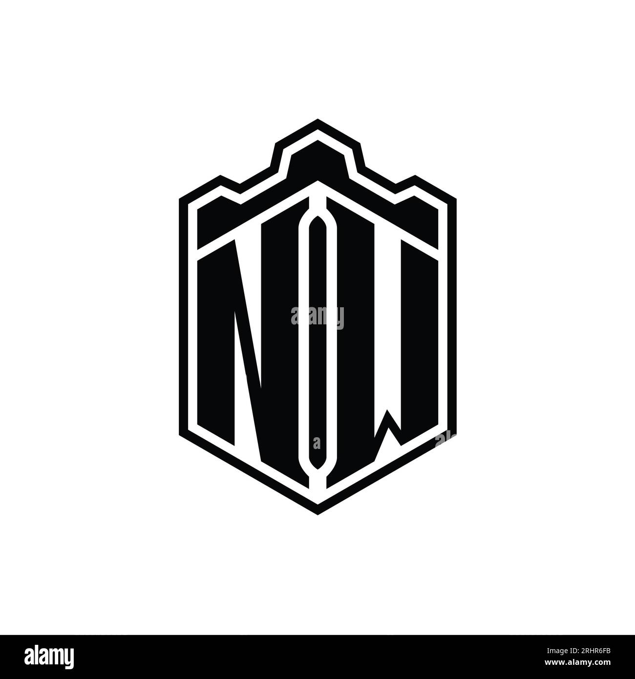 NW Letter Logo monogram hexagon shield shape crown castle geometric ...
