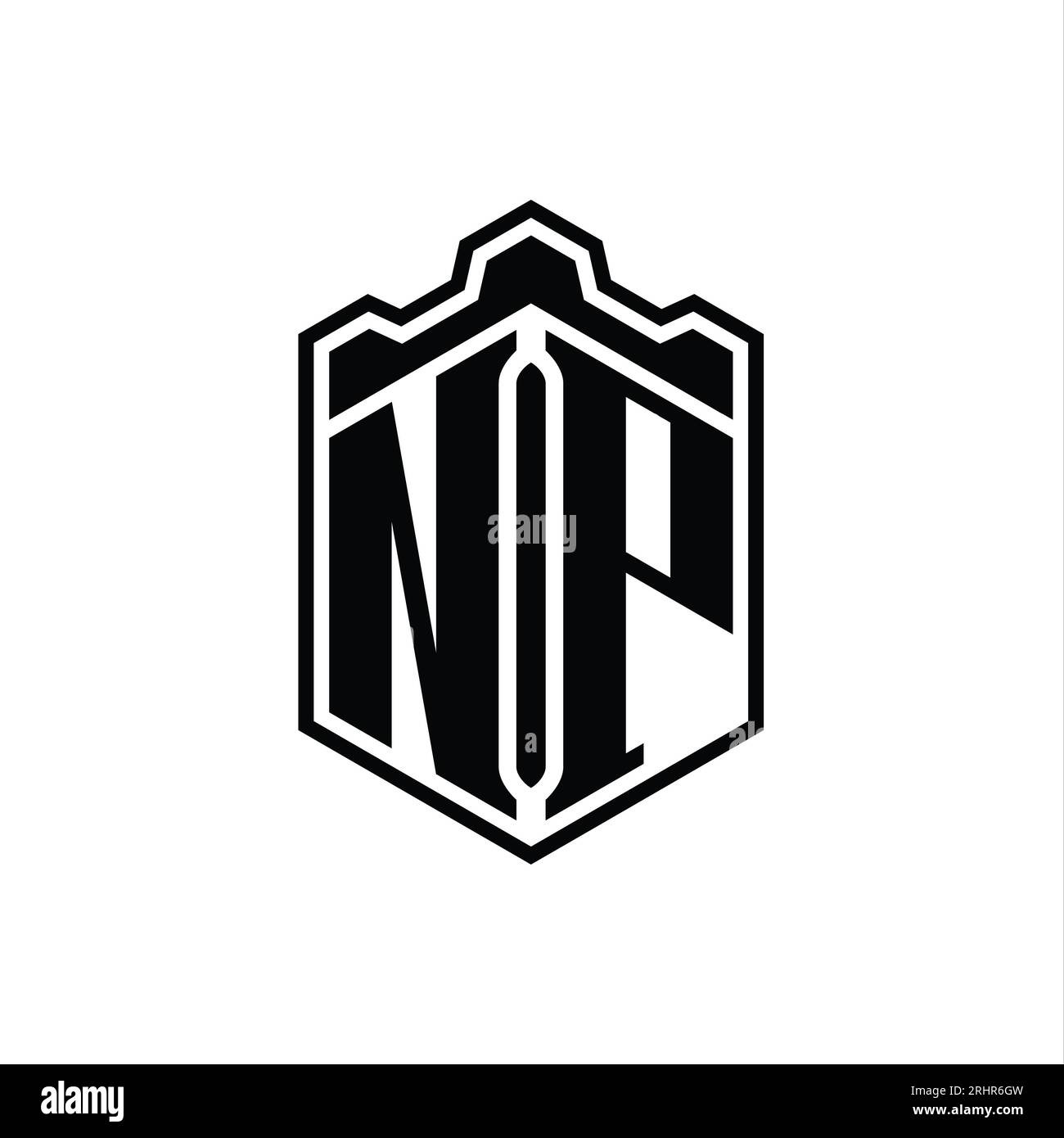 NP Letter Logo monogram hexagon shield shape crown castle geometric ...
