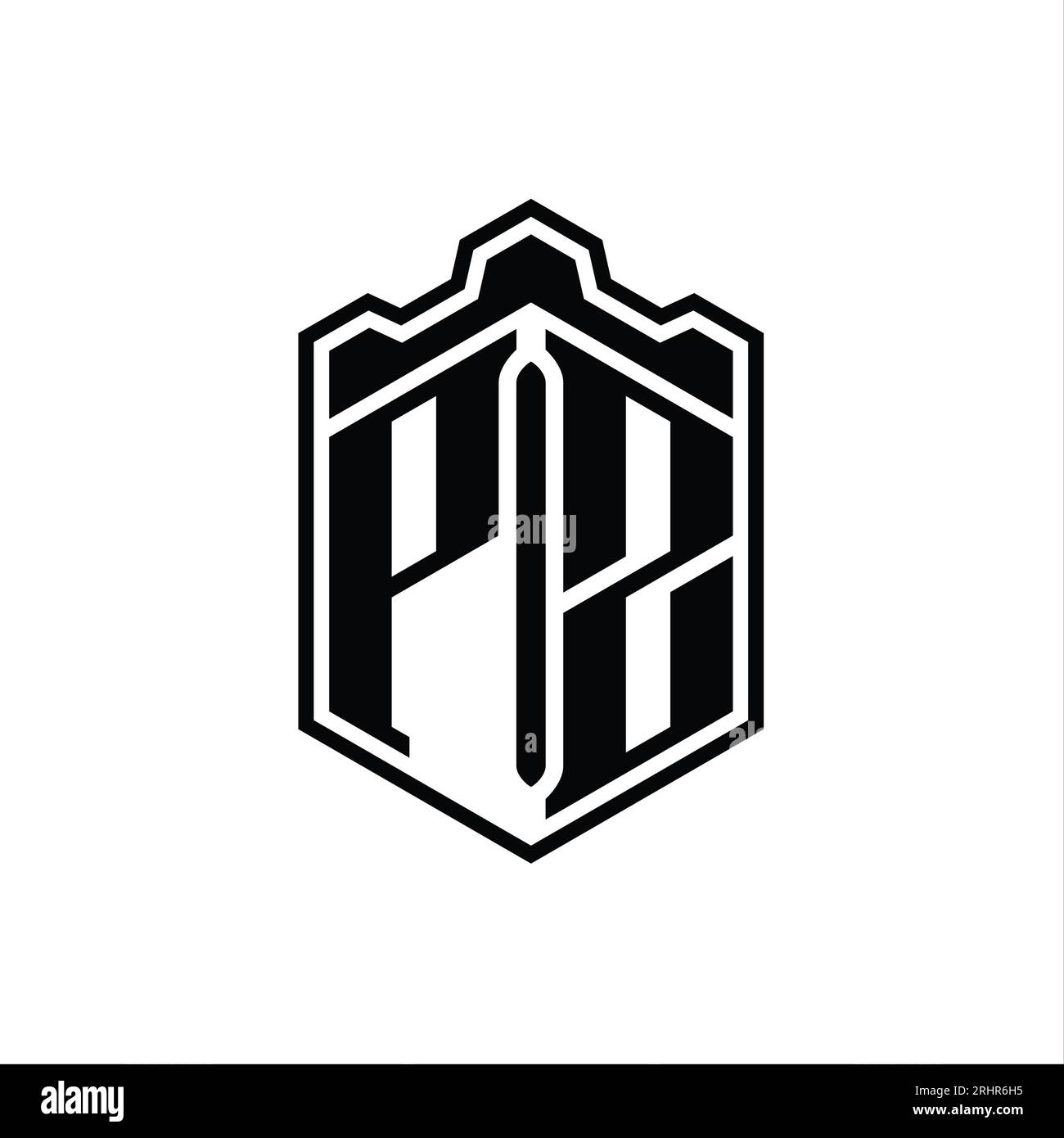 PZ Letter Logo monogram hexagon shield shape crown castle geometric with outline style design ...