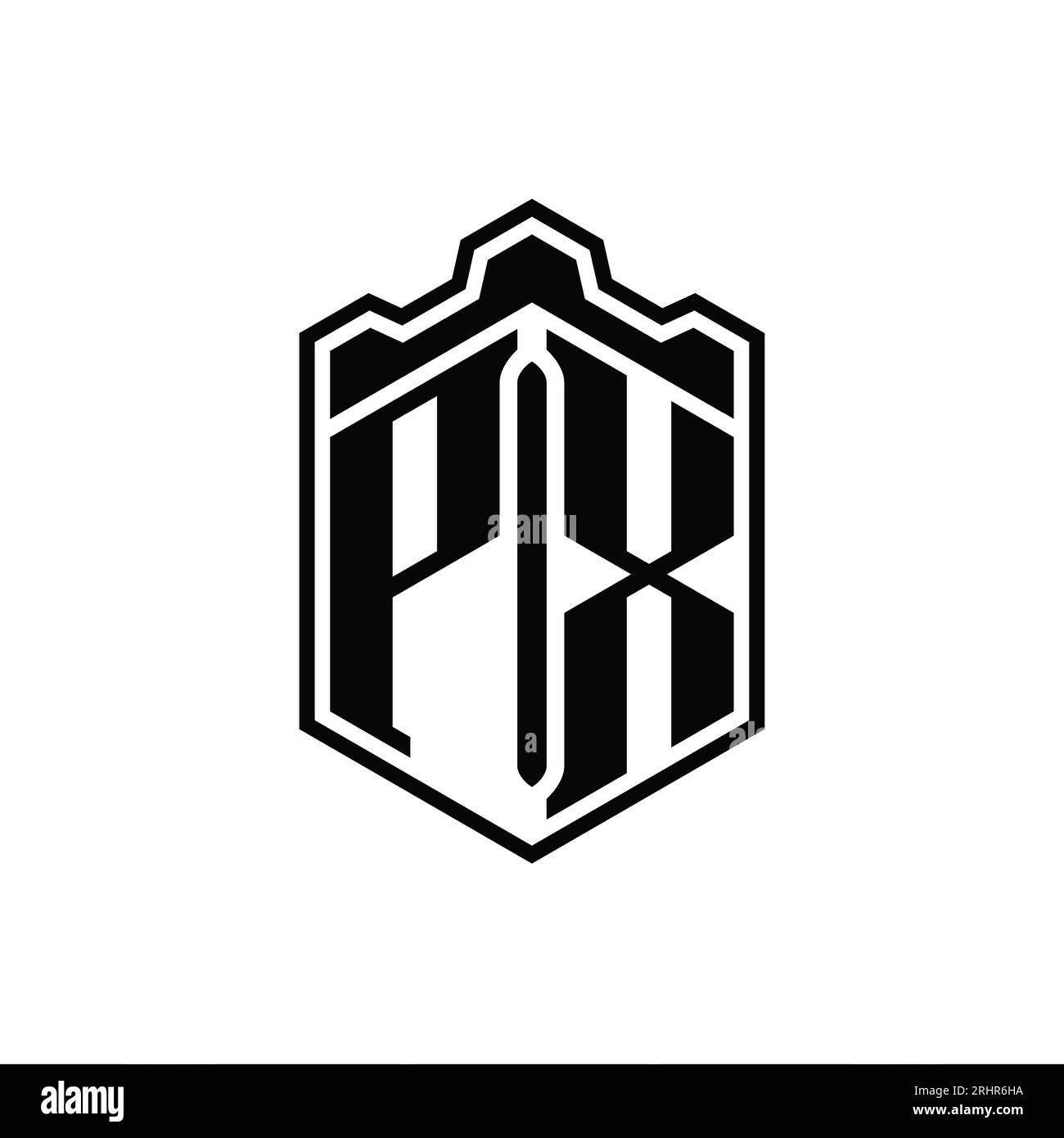 PX Letter Logo monogram hexagon shield shape crown castle geometric with outline style design ...