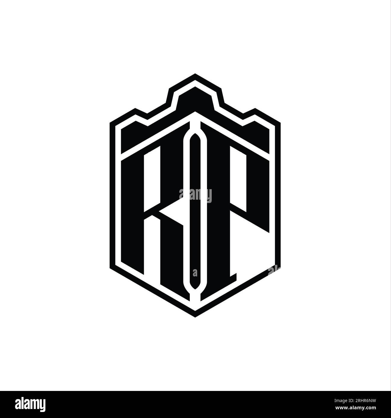 RP Letter Logo monogram hexagon shield shape crown castle geometric with outline style design ...