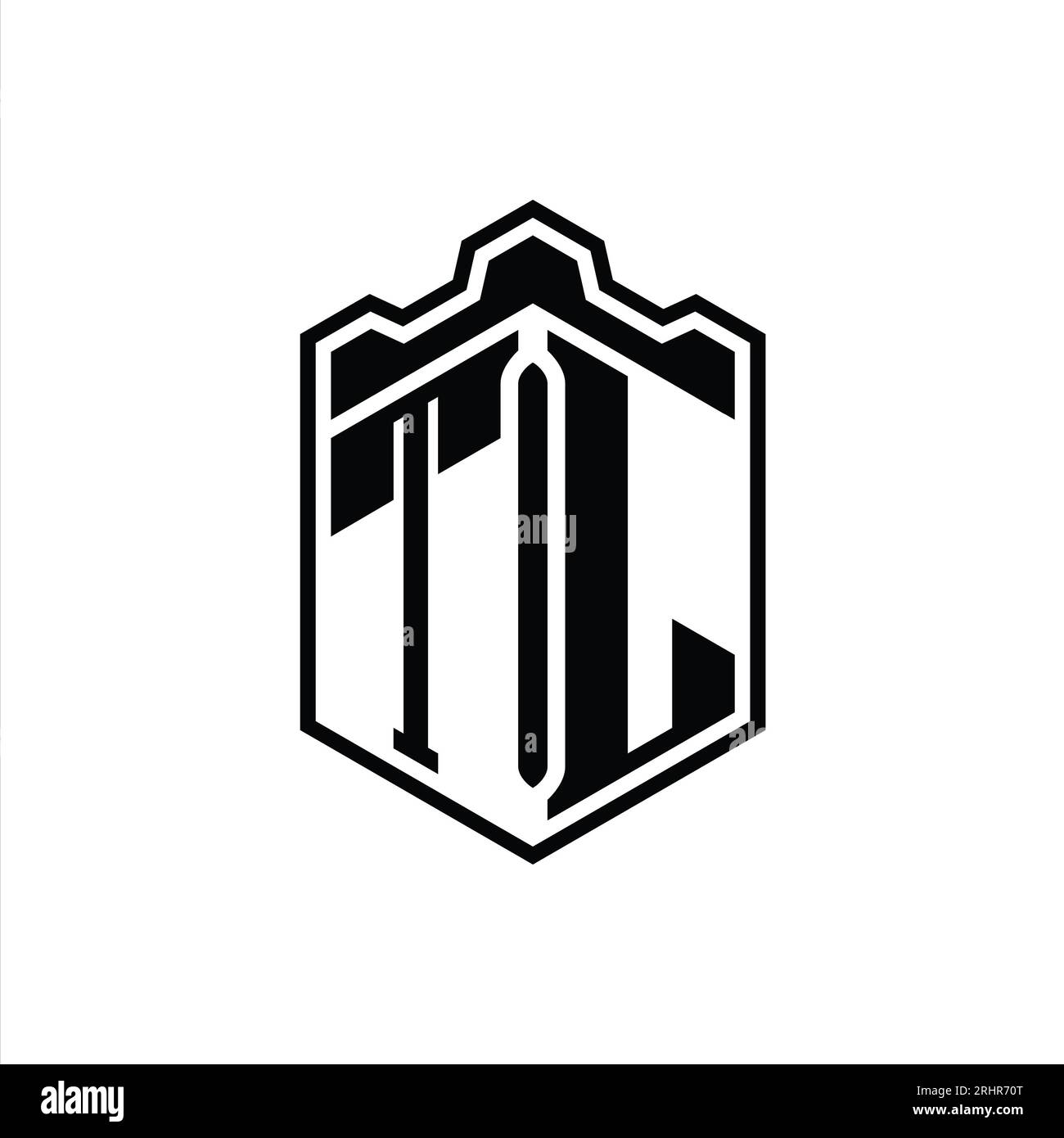 TL Letter Logo monogram hexagon shield shape crown castle geometric with outline style design ...