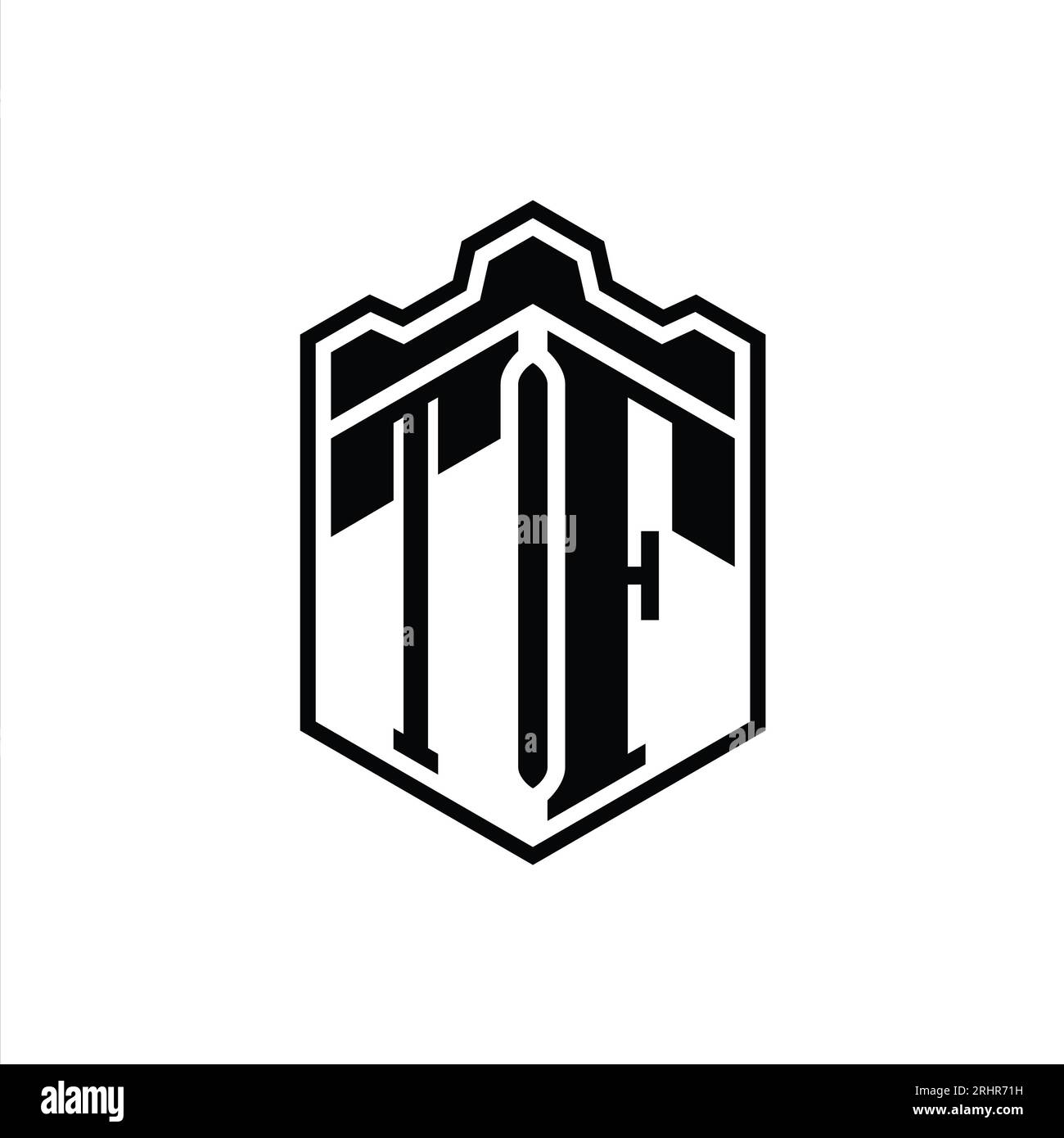 TF Letter Logo monogram hexagon shield shape crown castle geometric with outline style design ...