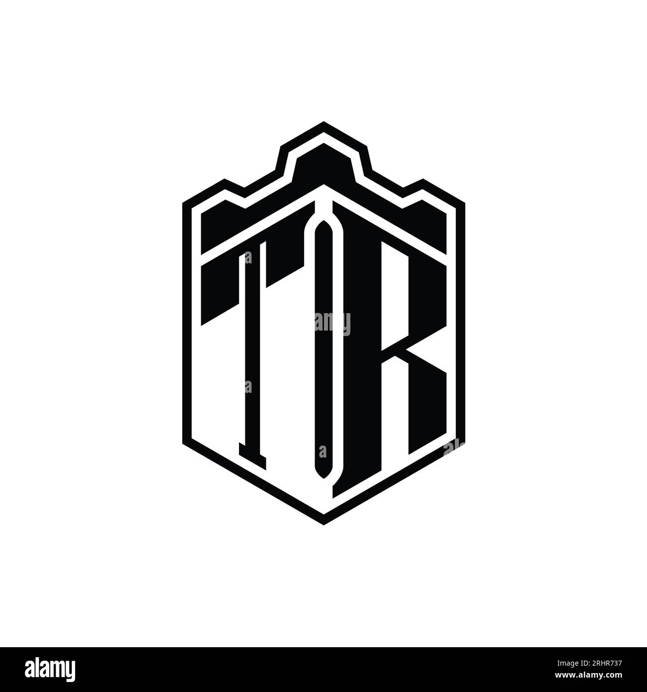 TR Letter Logo monogram hexagon shield shape crown castle geometric with outline style design ...