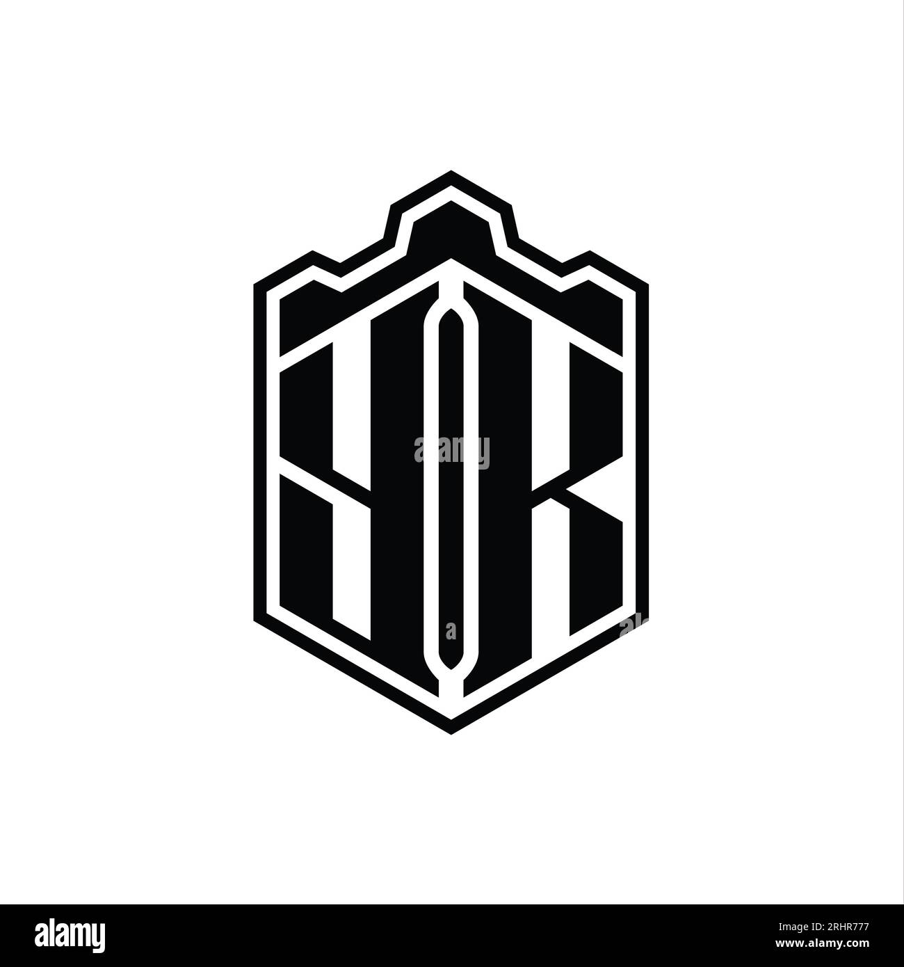 YK Letter Logo monogram hexagon shield shape crown castle geometric with outline style design ...