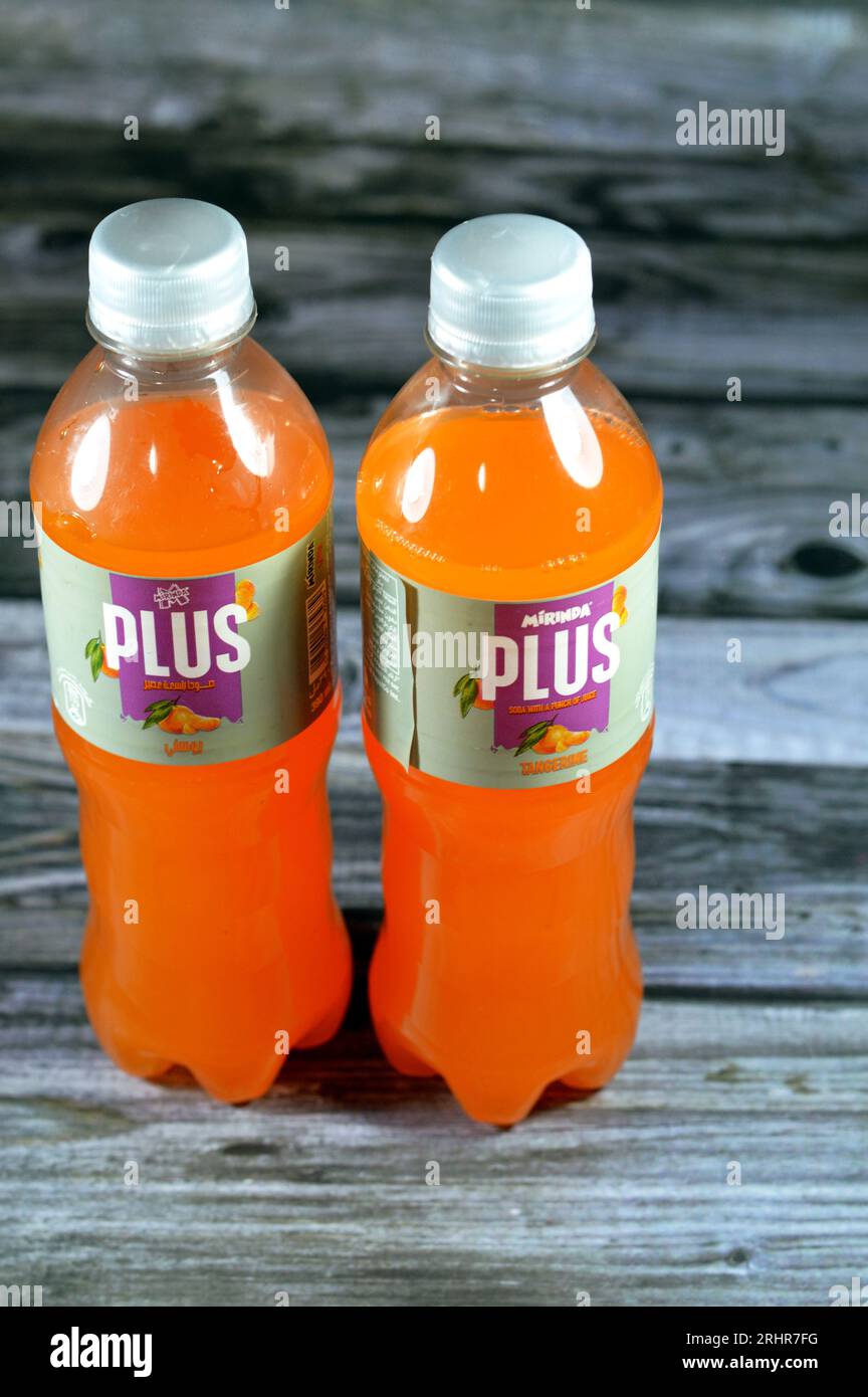 Cairo, Egypt, July 29 2023: Mirinda Plus tangerine soda with a punch of ...