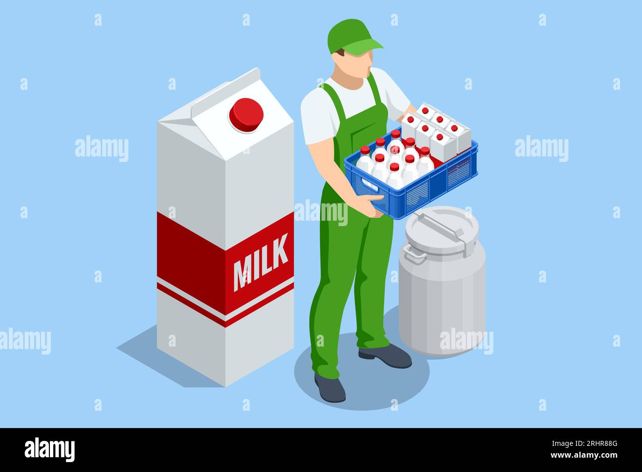 Isometric milk produce production concept. Farmer sells milk and dairy ...