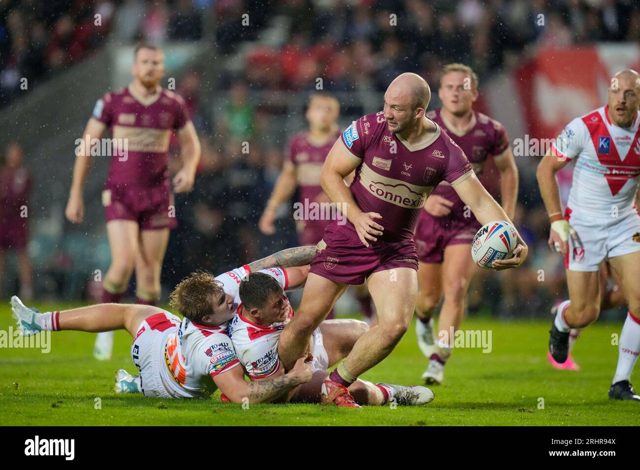 George King #10 of Hull KR looks to offload the ball during the Betfred ...