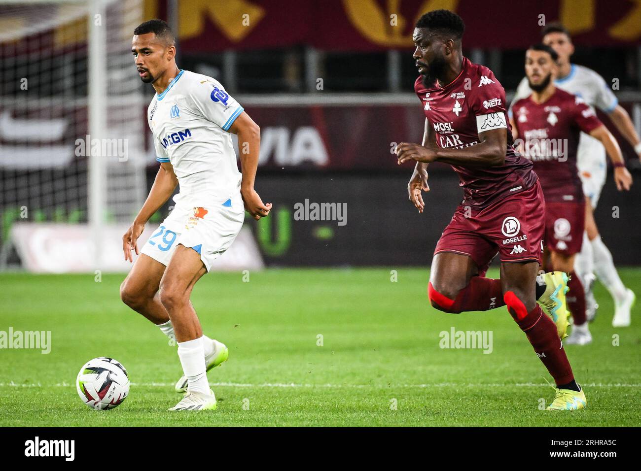 Metz, France. 18th Aug, 2023. Iliman NDIAYE of Marseille and Ismael ...