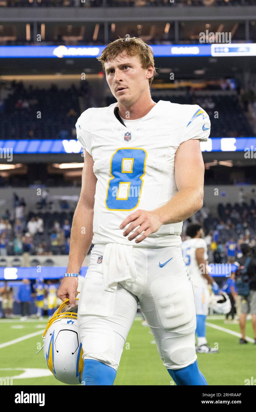 Los Angeles Chargers quarterback Max Duggan (8) walks back to the ...