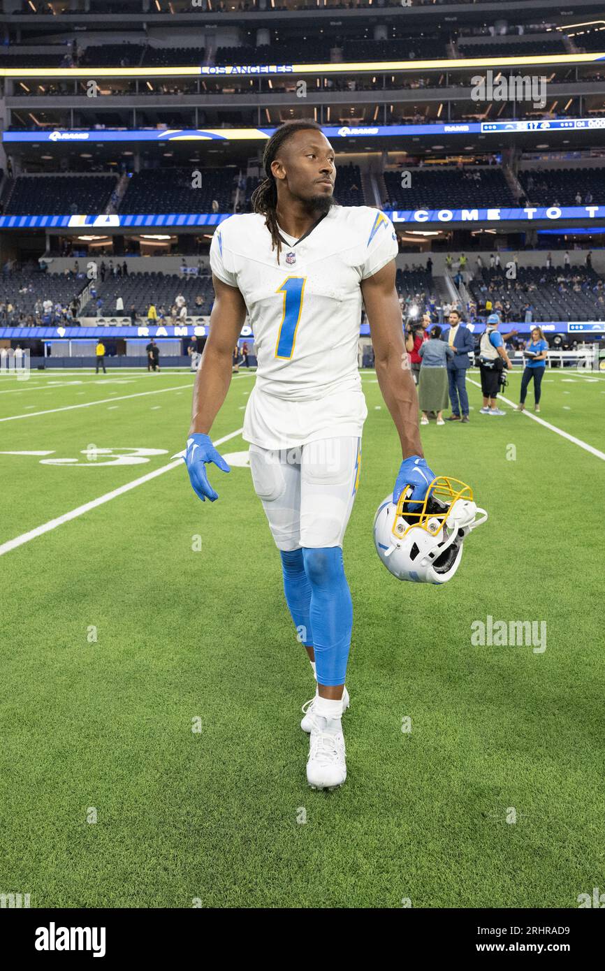 Los Angeles Chargers wide receiver Quentin Johnston (1) walks back to ...