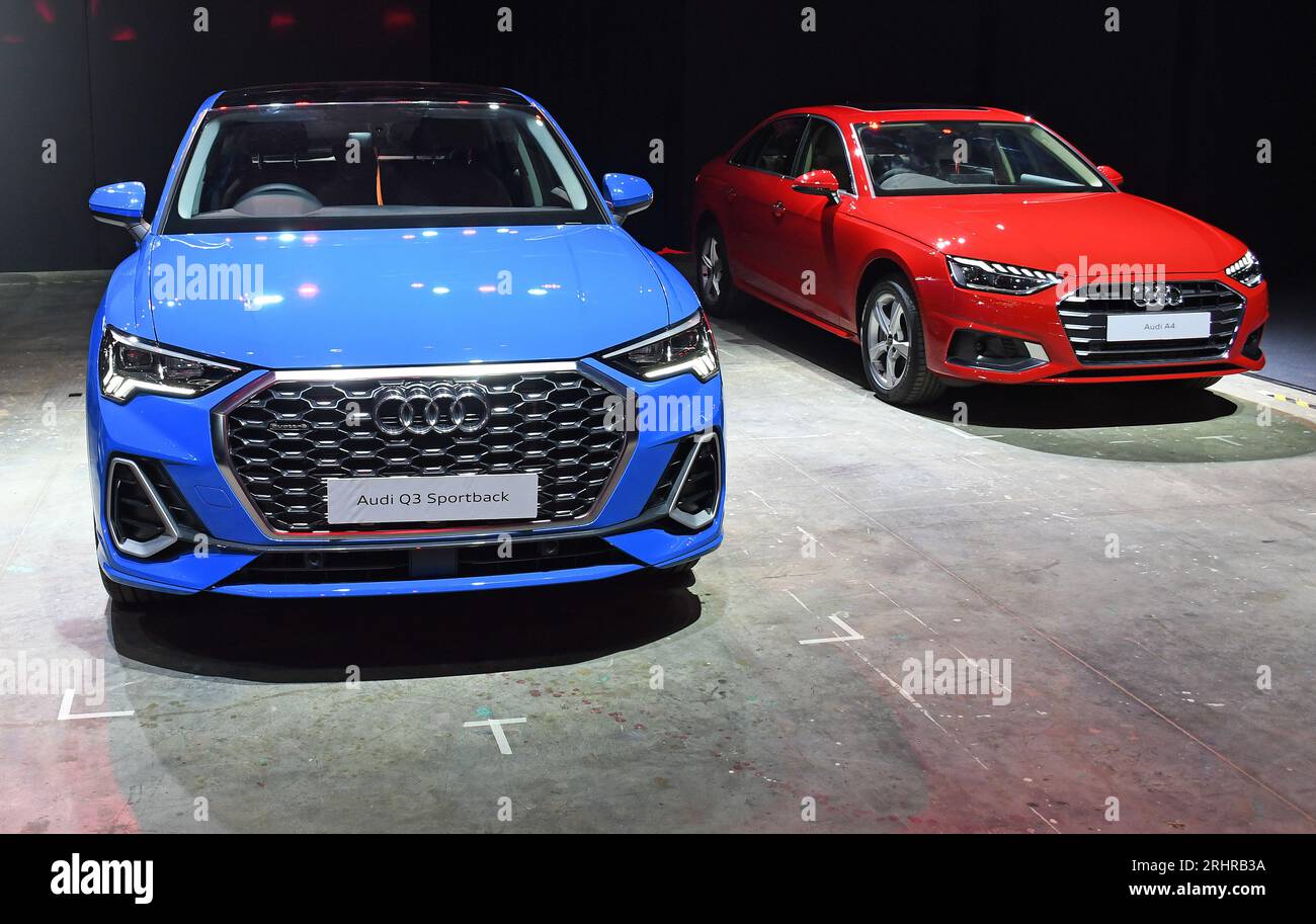 Mumbai, India. 18th Aug, 2023. Audi cars (petrol version) are kept on ...