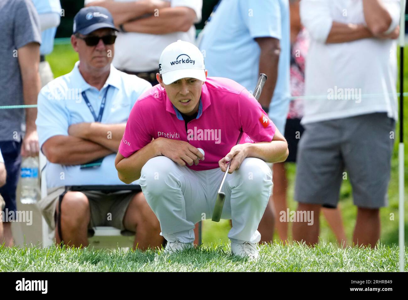 Matt Fitzpatrick lines up his putt on the 15th hole during the second ...