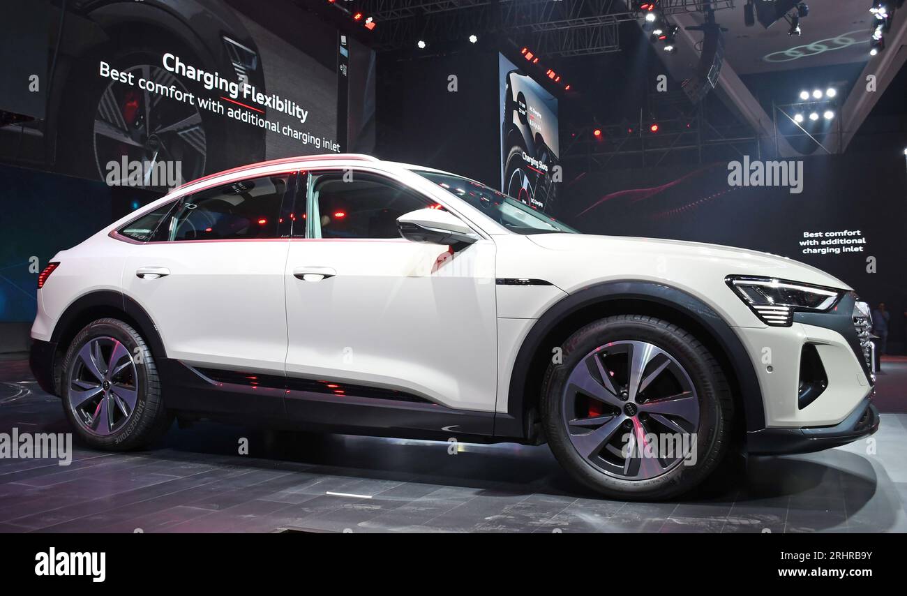 Mumbai, India. 18th Aug, 2023. Audi Q8 sportback e-tron electric car is kept on display inside ...