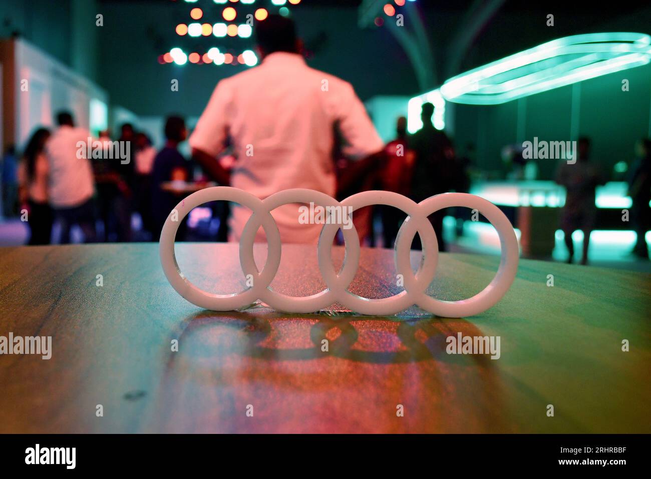 Mumbai, India. 18th Aug, 2023. Logo of Audi is kept on a table before ...