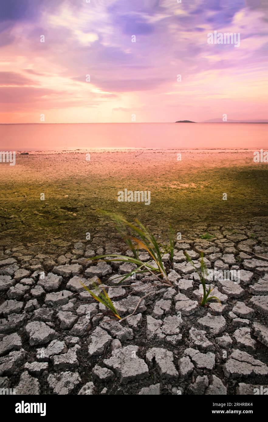 Vertical photo with dried ground and sunset long exposure purple orange ...