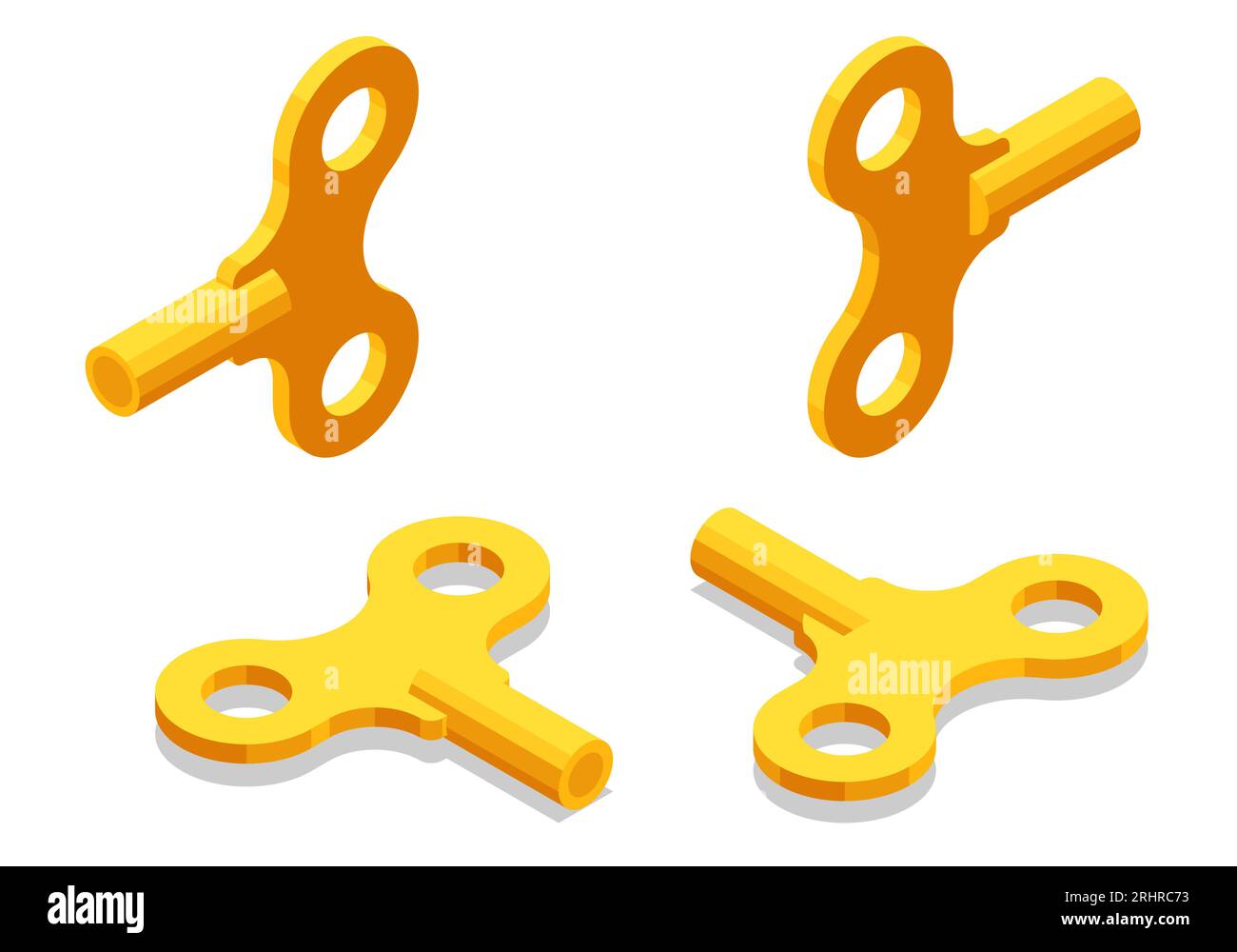 Isometric Gold Metal Windup Key for Clock and Toys on a white ...