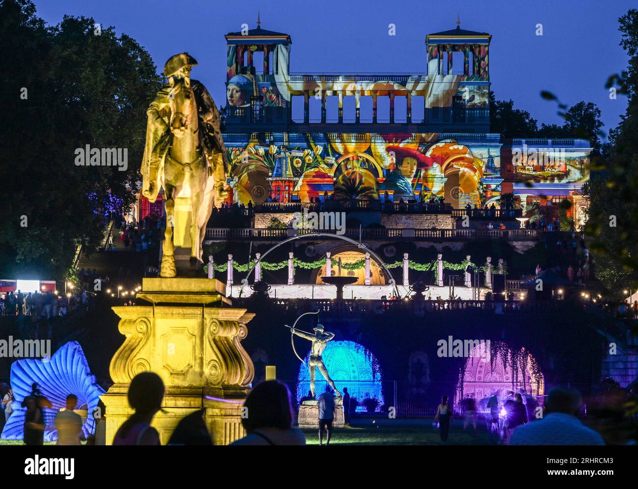 Potsdam, Germany. 18th Aug, 2023. The colorfully illuminated Orangery ...