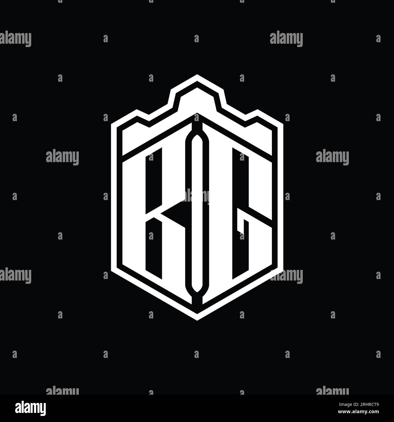 BG Letter Logo monogram hexagon shield shape crown castle geometric with outline style design ...