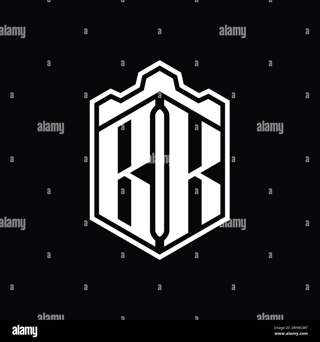 BK Letter Logo monogram hexagon shield shape crown castle geometric with outline style design ...