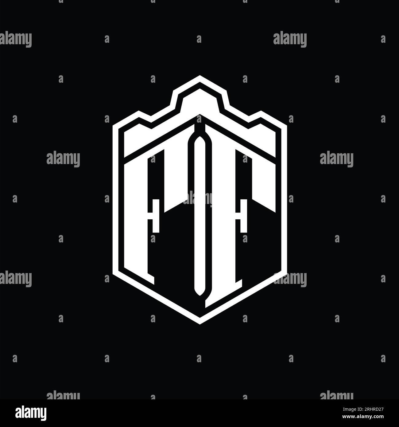 FF Letter Logo monogram hexagon shield shape crown castle geometric with outline style design ...