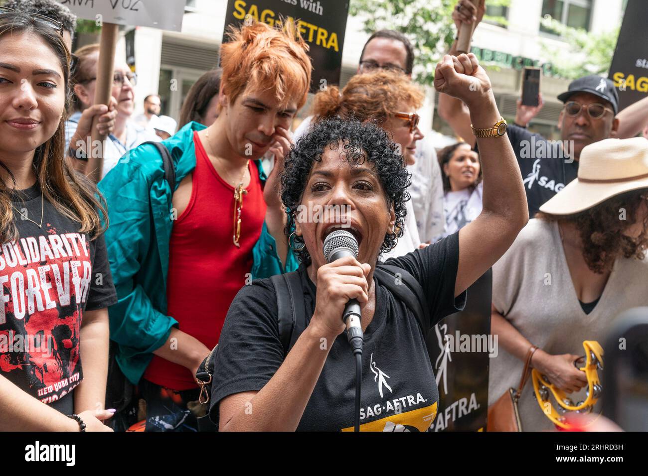 New York, USA. 18th Aug, 2023. Liza Colon-Zayas speaks as WGA and SAG ...