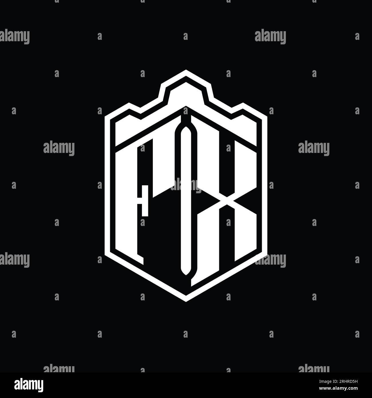 FX Letter Logo monogram hexagon shield shape crown castle geometric with outline style design ...