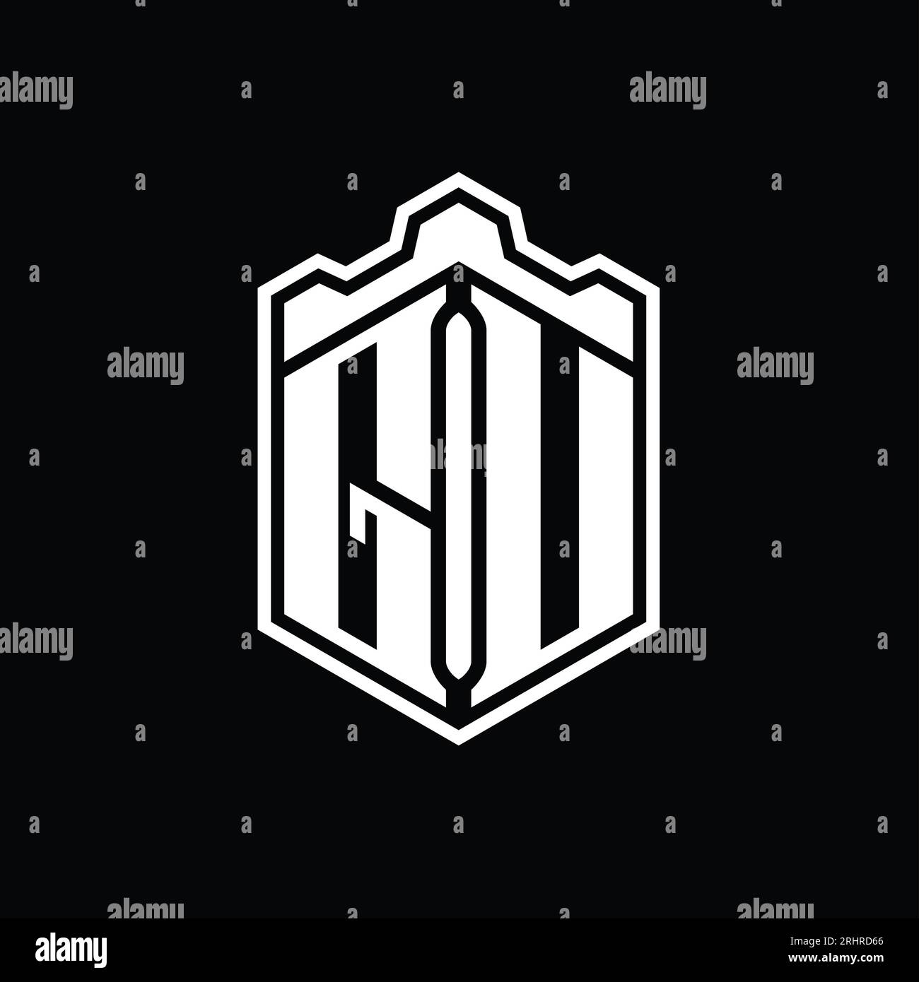 GU Letter Logo monogram hexagon shield shape crown castle geometric with outline style design ...