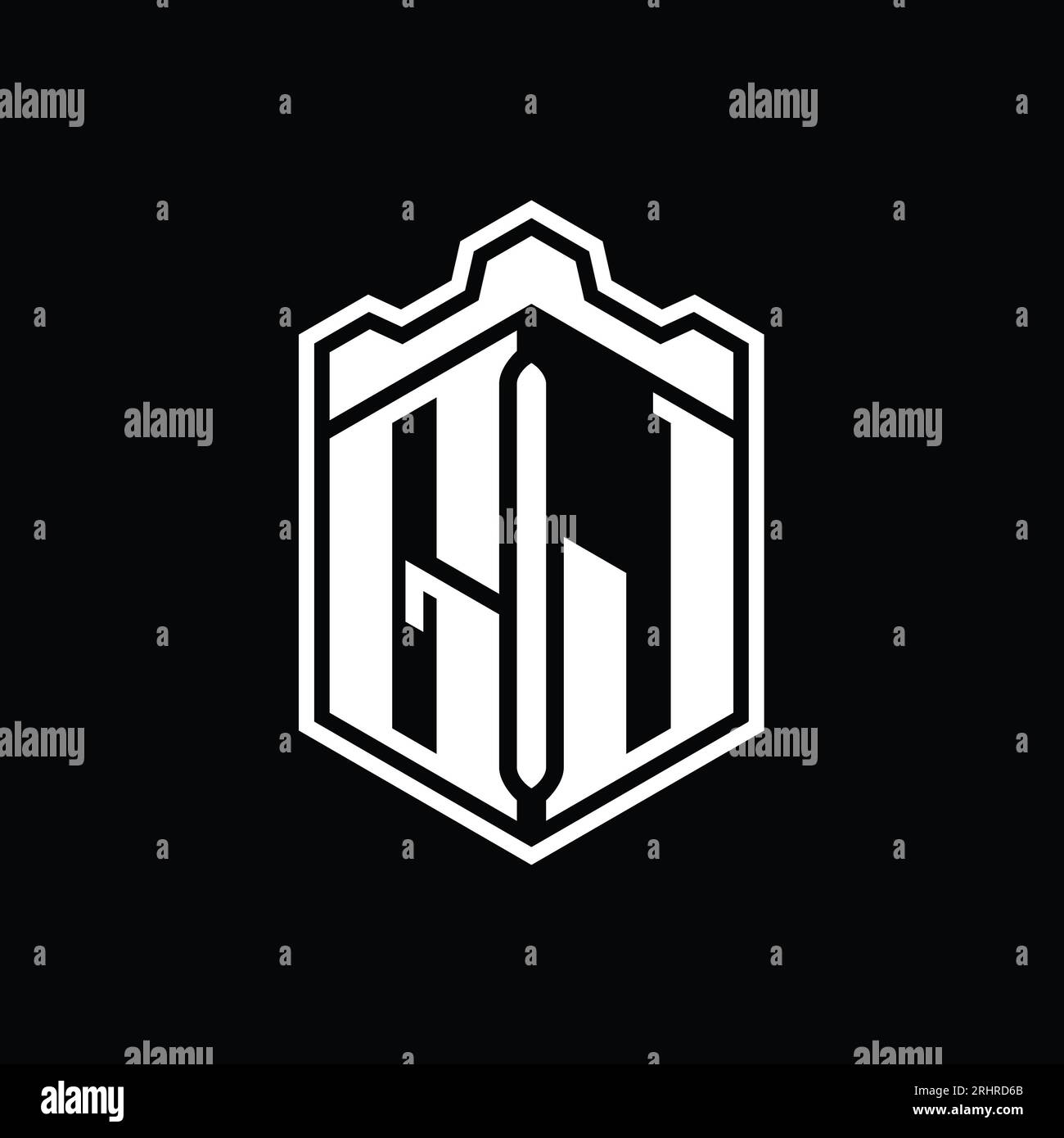GJ Letter Logo monogram hexagon shield shape crown castle geometric with outline style design ...