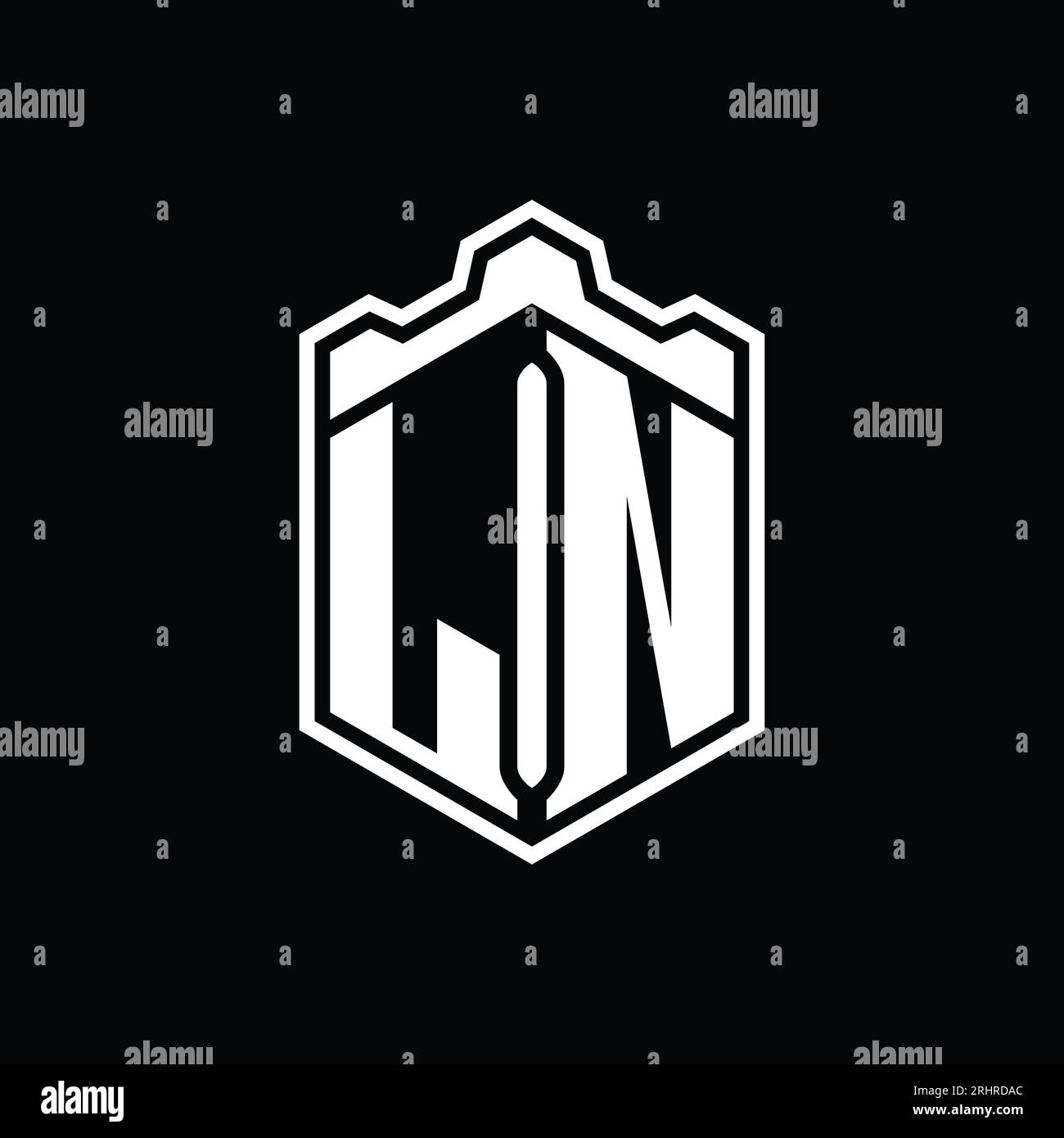 LN Letter Logo monogram hexagon shield shape crown castle geometric with outline style design ...