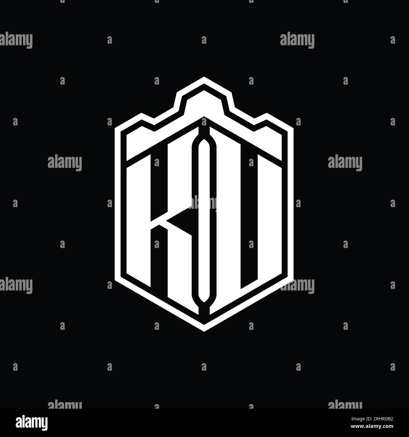 KU Letter Logo monogram hexagon shield shape crown castle geometric with outline style design ...
